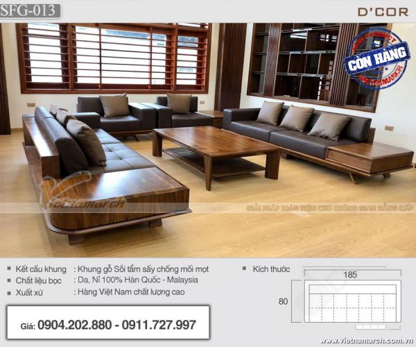 Bộ sofa gỗ sồi màu óc chó chữ U cho phòng khách rộng 20m2 - SFG-13