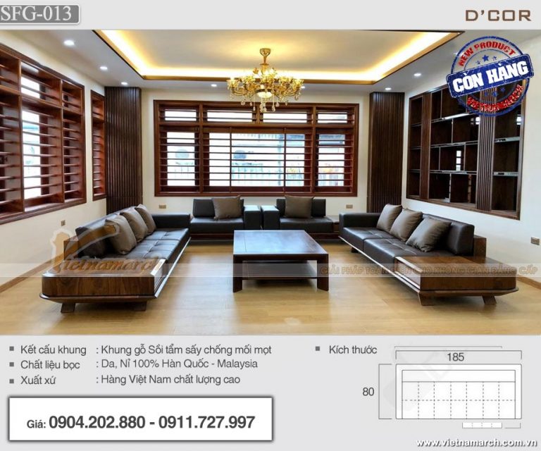 Bộ sofa gỗ sồi màu óc chó chữ U cho phòng khách rộng 20m2 - SFG-13